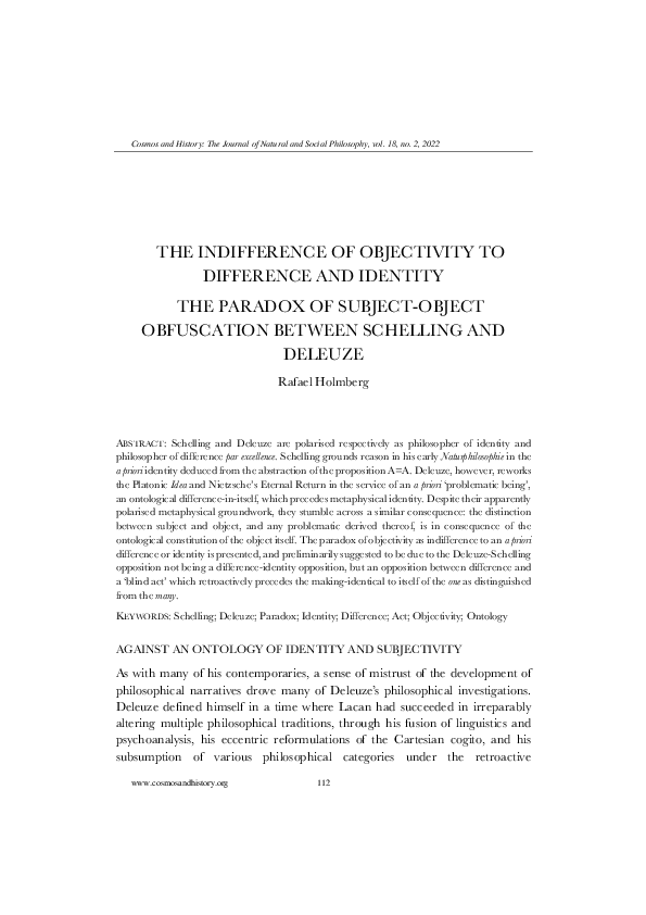 (PDF) The Indifference of Objectivity to Difference and Identity: the Paradox of Subject-Object ...