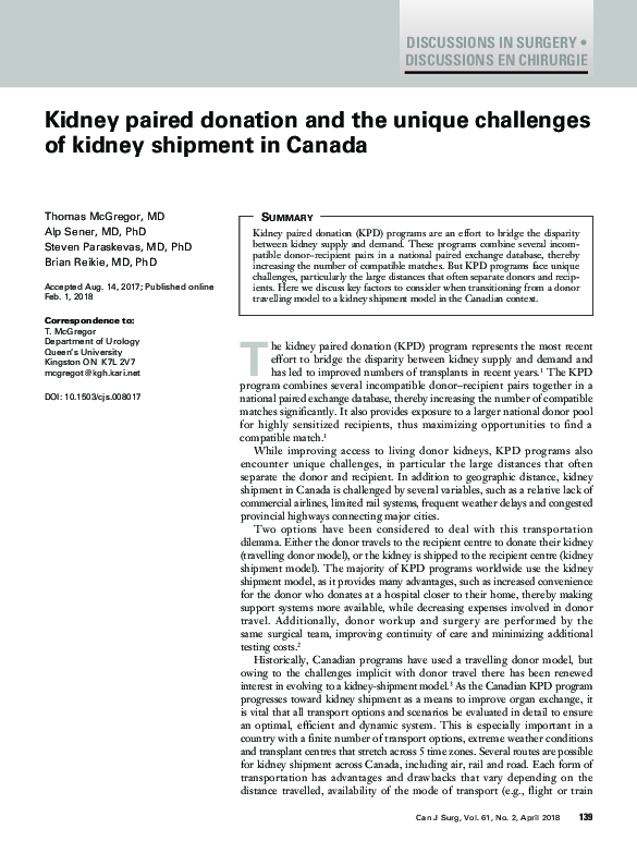(PDF) Kidney paired donation and the unique challenges of kidney ...
