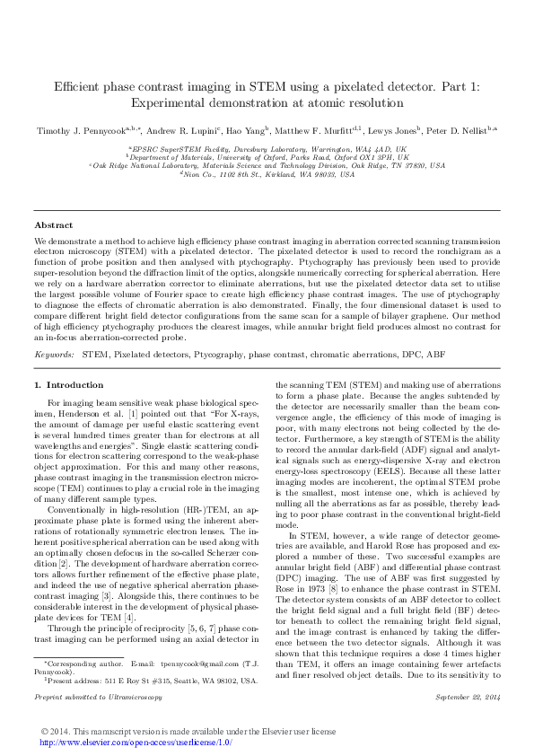 (PDF) Efficient phase contrast imaging in STEM using a pixelated detector. Part 1: Experimental ...