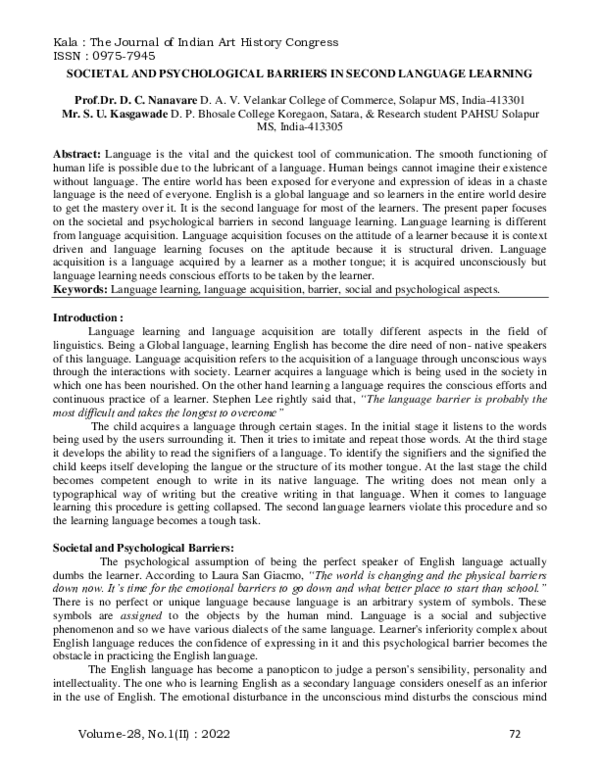 (PDF) Societal and Psychological Barriers in Second Language Learning