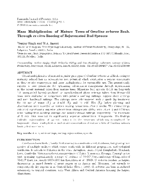 (PDF) Mass Multiplication of Mature Trees of Gmelina arborea Roxb ...