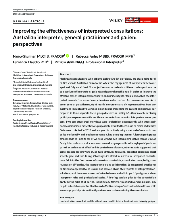 Improving the effectiveness of interpreted consultations: Australian interpreter, general ...
