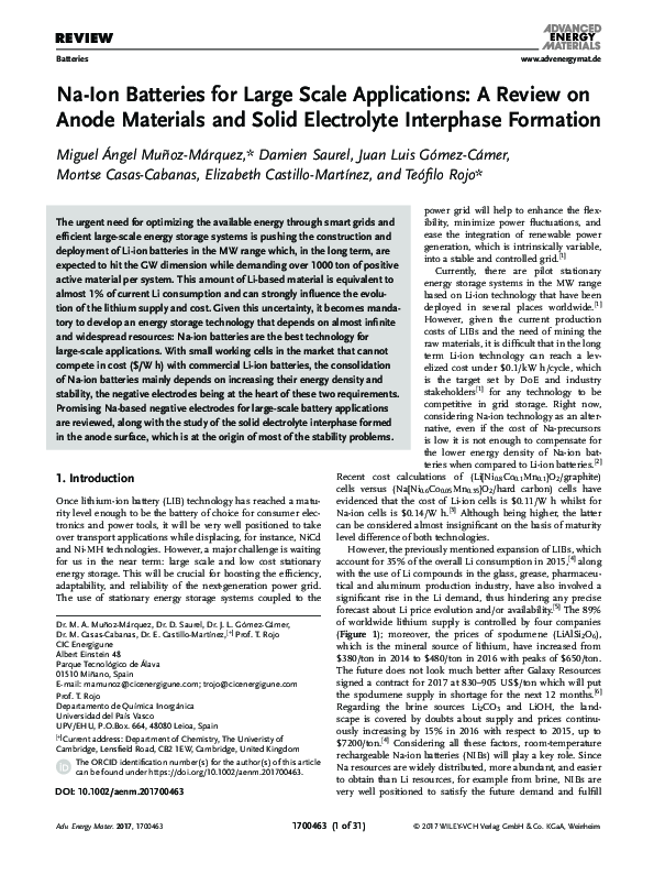 (PDF) Na‐Ion Batteries for Large Scale Applications: A Review on Anode ...
