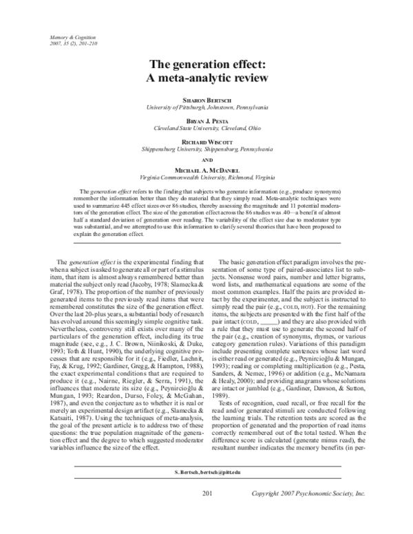 (PDF) The generation effect: A meta-analytic review