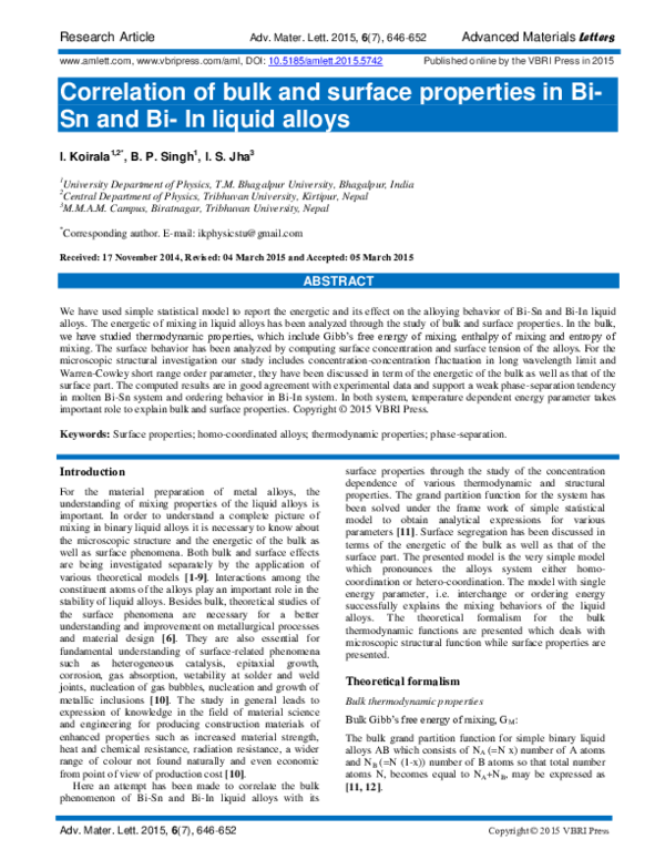 (PDF) Correlation Of Bulk And Surface Properties In Bi-Sn And Bi- In ...