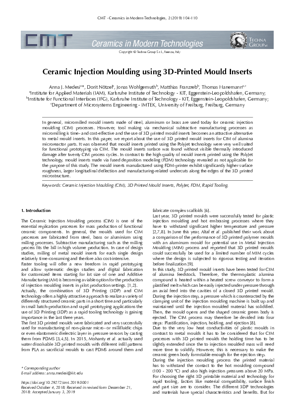 (PDF) Ceramic Injection Moulding using 3D-Printed Mould Inserts