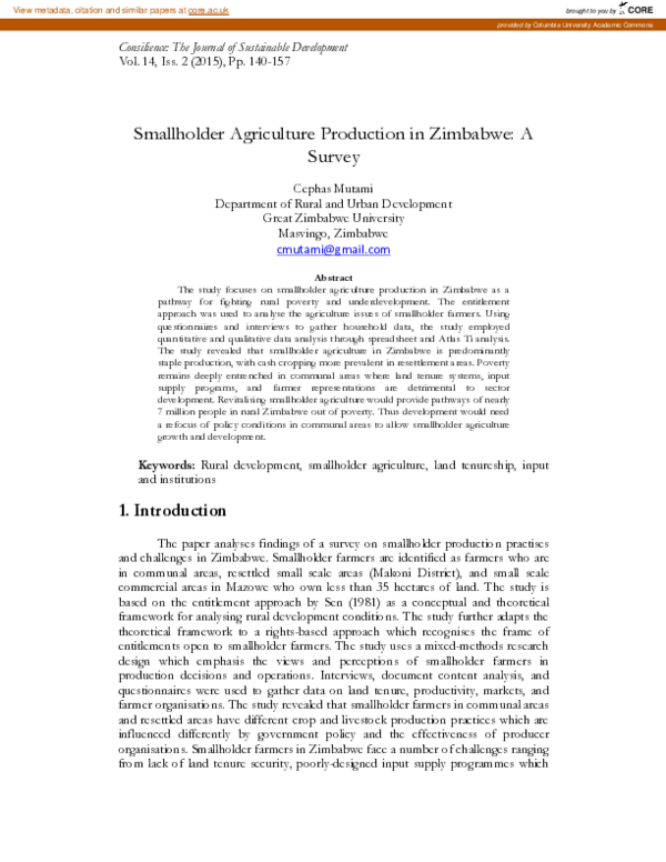 (PDF) Smallholder Agriculture Production in Zimbabwe: A Survey