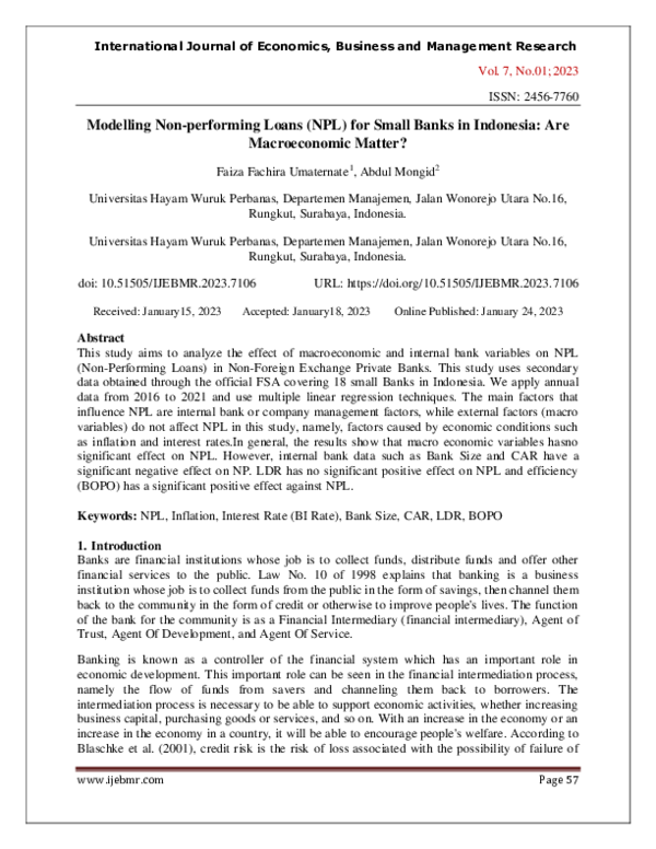 (PDF) Modelling Non-performing Loans (NPL) for Small Banks in Indonesia ...