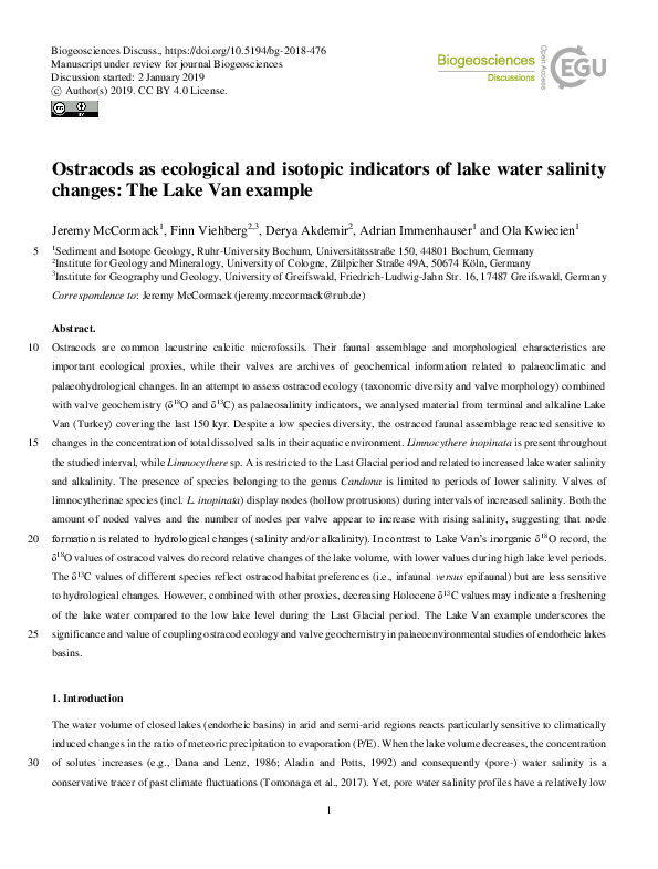 (PDF) Ostracods as ecological and isotopic indicators of lake water ...