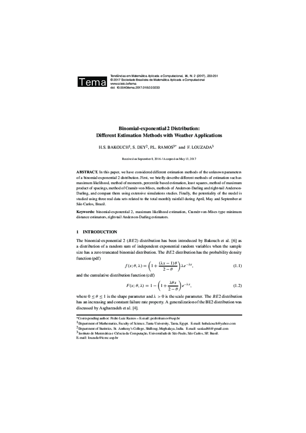 (PDF) Binomial-exponential 2 Distribution: Different Estimation Methods and Weather Applications ...