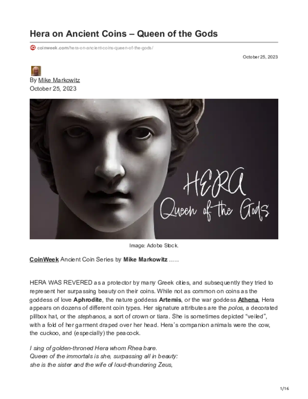 (PDF) Hera on Ancient Coins: Queen of the Gods