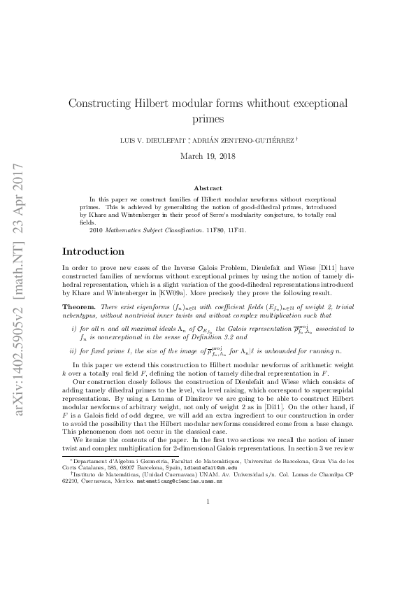(PDF) Constructing Hilbert modular forms whithout exceptional primes