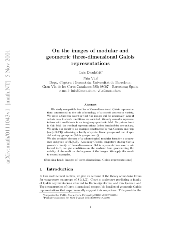 (PDF) On the images of modular and geometric three-dimensional Galois represetations