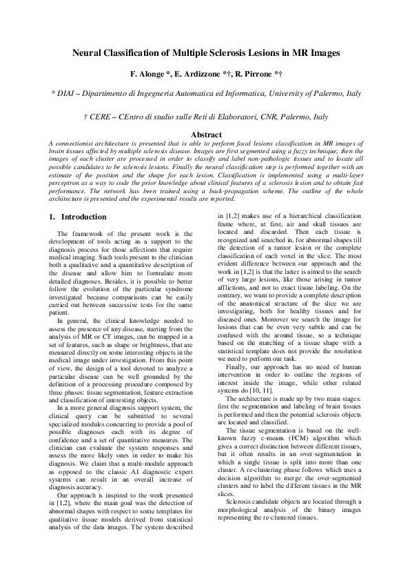 (PDF) Neural classification of multiple sclerosis lesions in MR images | F. Alonge - Academia.edu