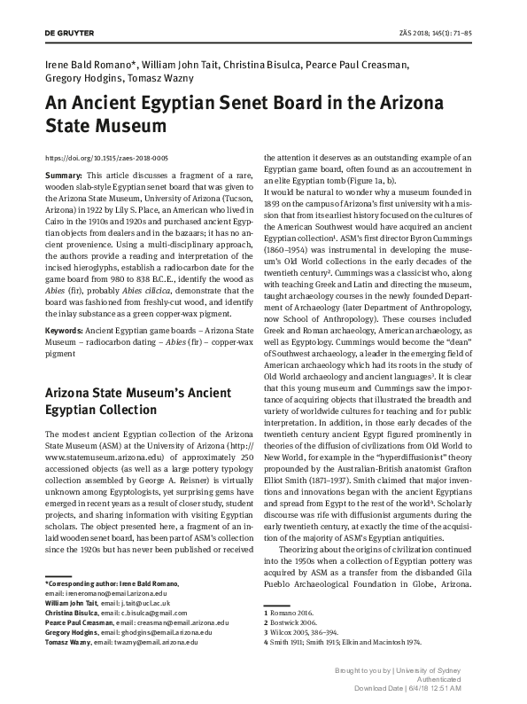(PDF) An Ancient Egyptian Senet Board in the Arizona State Museum
