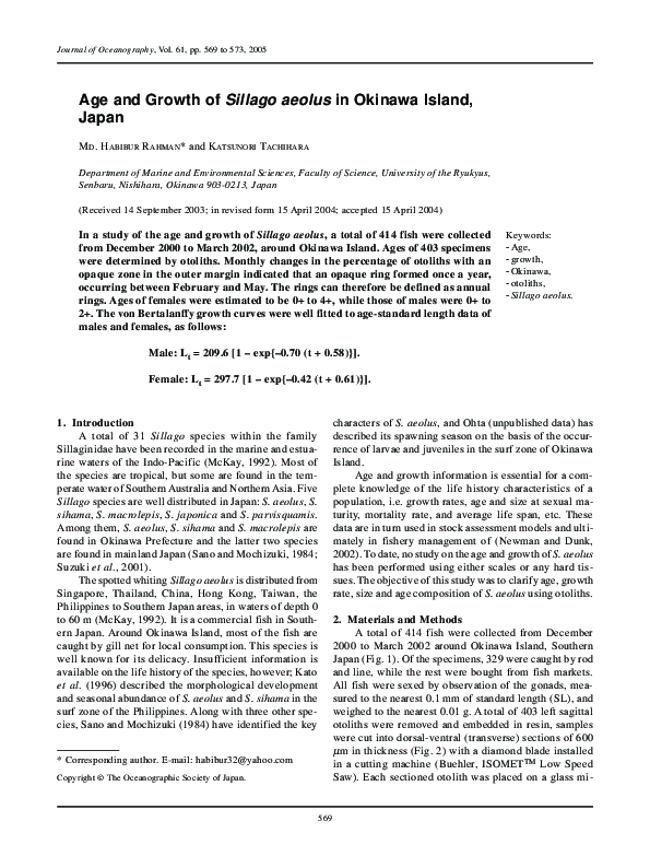 Pdf Age And Growth Of Sillago Aeolus In Okinawa Island Japan