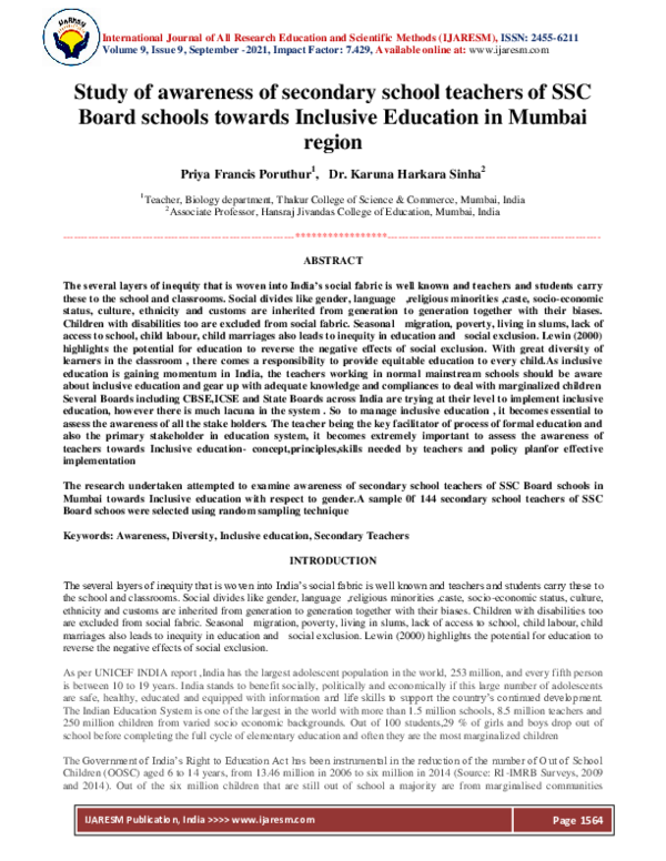 (PDF) Study of awareness of secondary school teachers of SSC Board ...