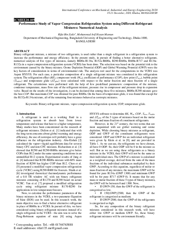 (PDF) Performance Study of Vapor Compression Refrigeration System using Different Refrigerant ...
