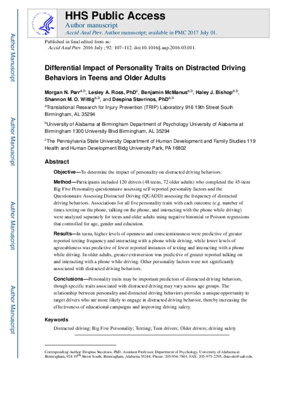 (PDF) Differential impact of personality traits on distracted driving ...