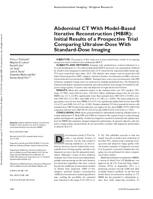 Pdf Abdominal Ct With Model Based Iterative Reconstruction Mbir Initial Results Of A