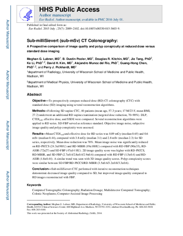 (PDF) Sub-milliSievert (sub-mSv) CT colonography: a prospective ...