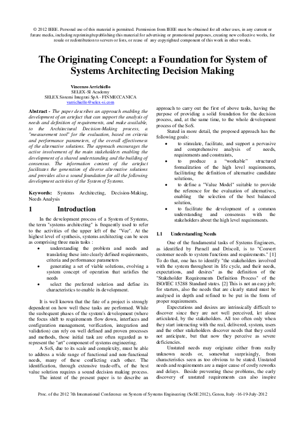 (PDF) The originating concept: A foundation for System of Systems Architecting Decision Making