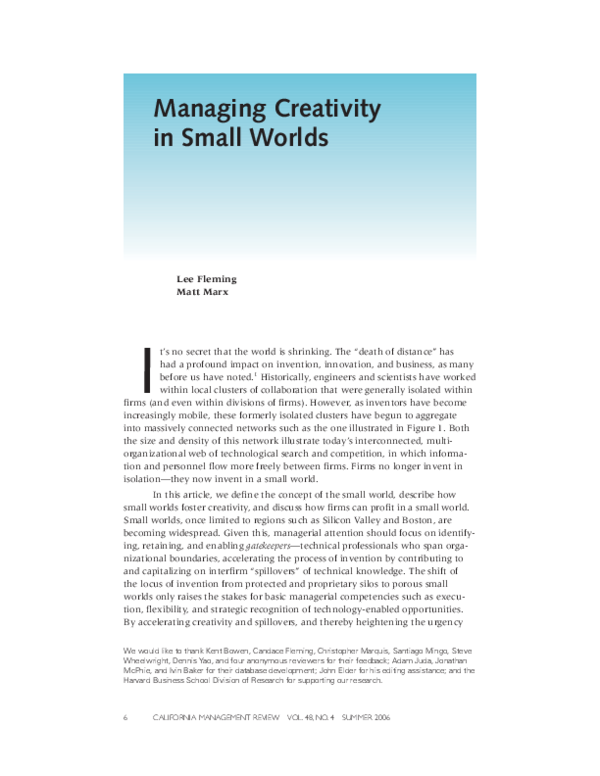 (PDF) Managing Creativity in Small Worlds
