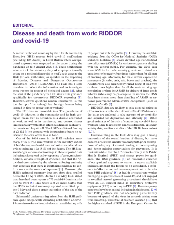 (PDF) Disease and death from work: RIDDOR and covid-19