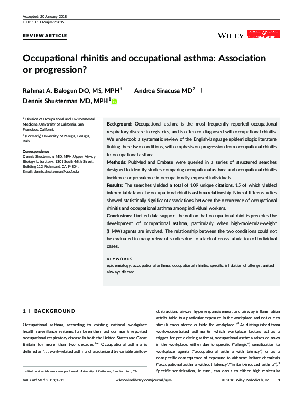 (PDF) Occupational rhinitis and occupational asthma; one airway two ...