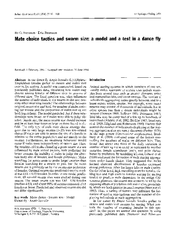 (PDF) Mate choice tactics and swarm size: a model and a test in a dance fly
