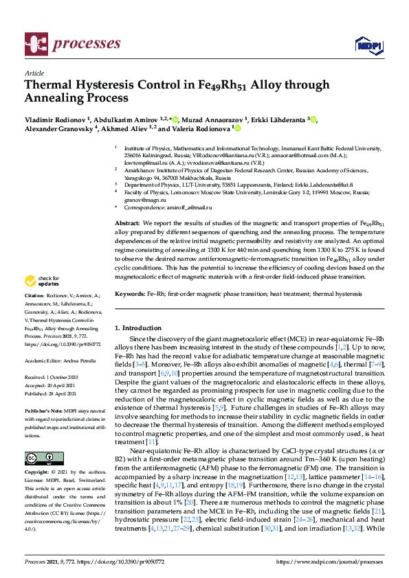 (PDF) Thermal Hysteresis Control in Fe49Rh51 Alloy through Annealing Process