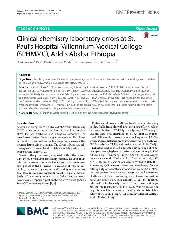 (PDF) Clinical chemistry laboratory errors at St. Paul’s Hospital ...