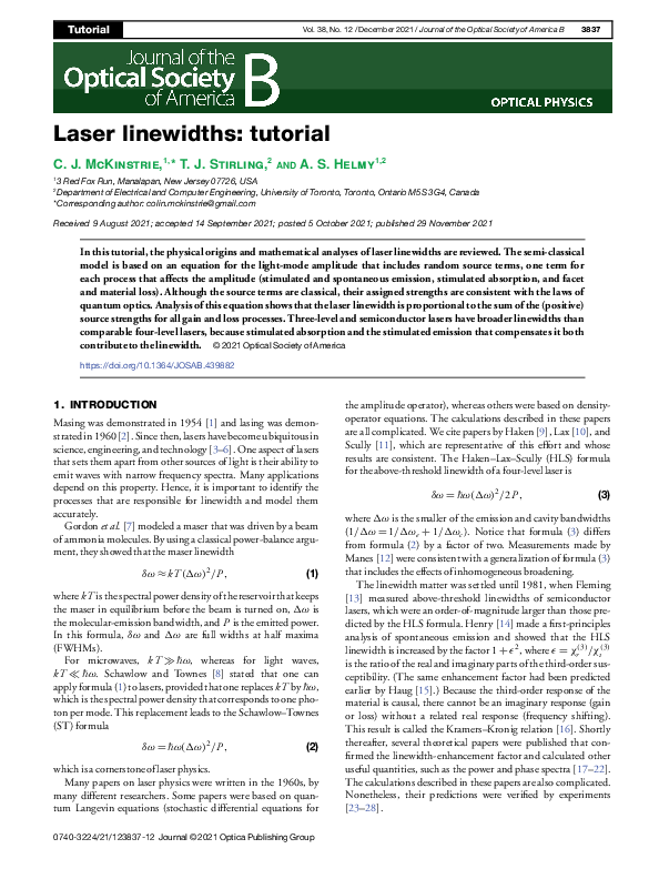 (PDF) Laser linewidths: tutorial