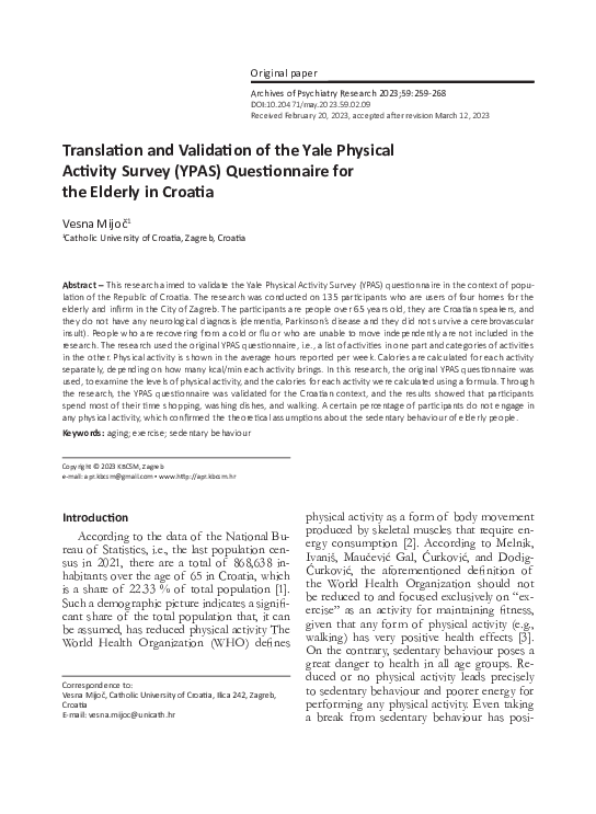 (PDF) Translation and Validation of the Yale Physical Activity Survey (YPAS) Questionnaire for ...