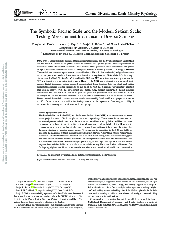 (PDF) The Symbolic Racism Scale and the Modern Sexism Scale: Testing ...