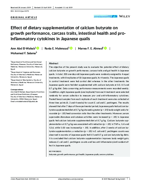(PDF) Effect of dietary supplementation of calcium butyrate on growth ...