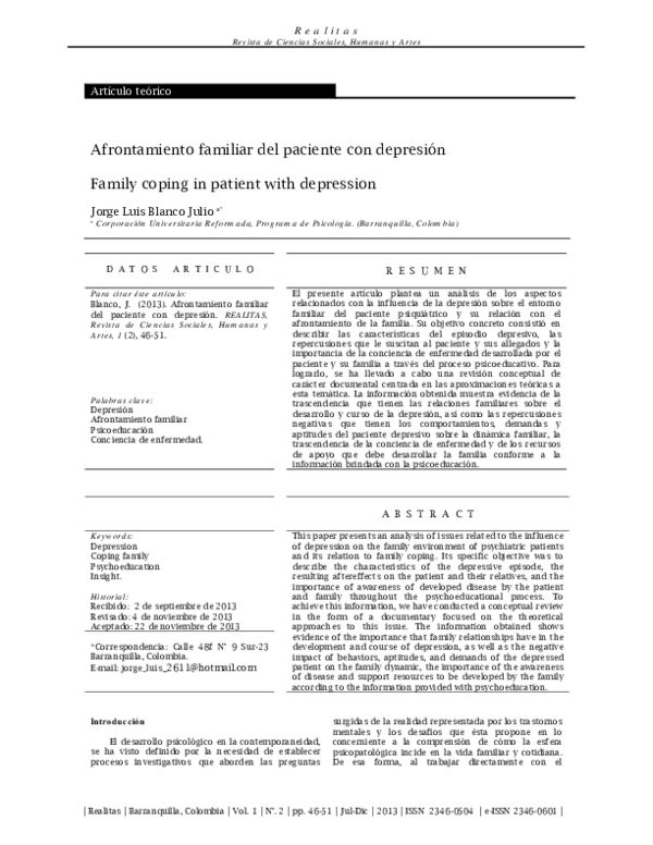 (PDF) Afrontamiento familiar del paciente con depresión