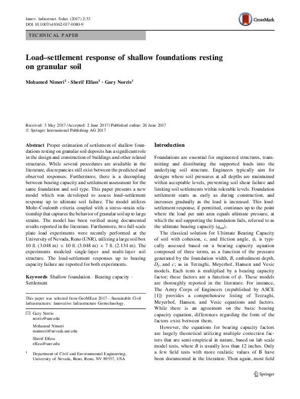 (PDF) Load–settlement response of shallow foundations resting on granular soil