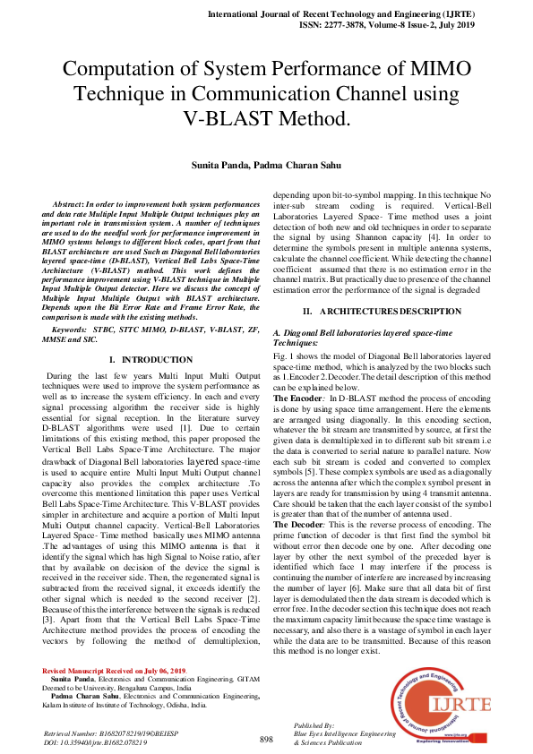 (PDF) Computation of System Performance of MIMO Technique in Communication Channel using V-BLAST ...