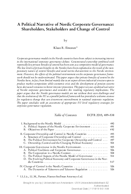 (PDF) A Political Narrative of Nordic Corporate Governance ...