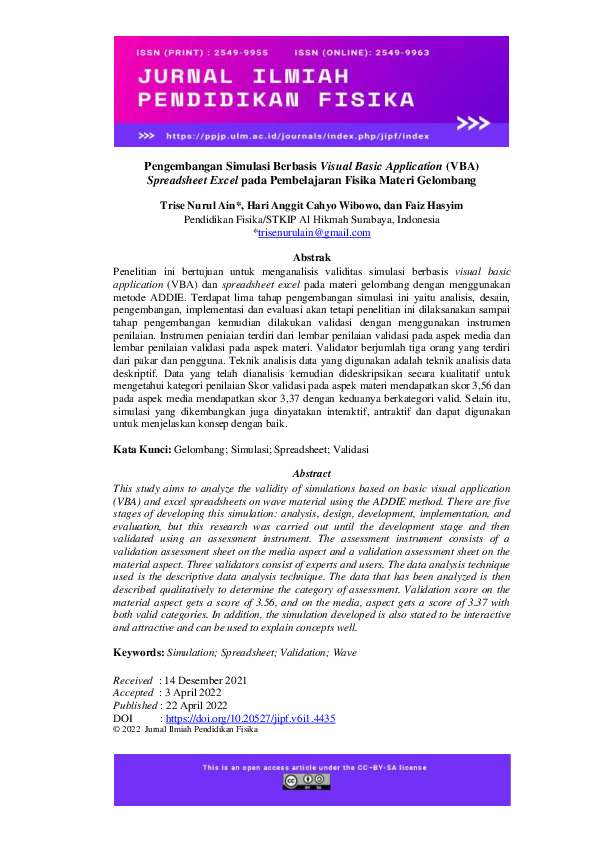 Pdf Pengembangan Simulasi Berbasis Visual Basic Application Vba Spreadsheet Excel Pada