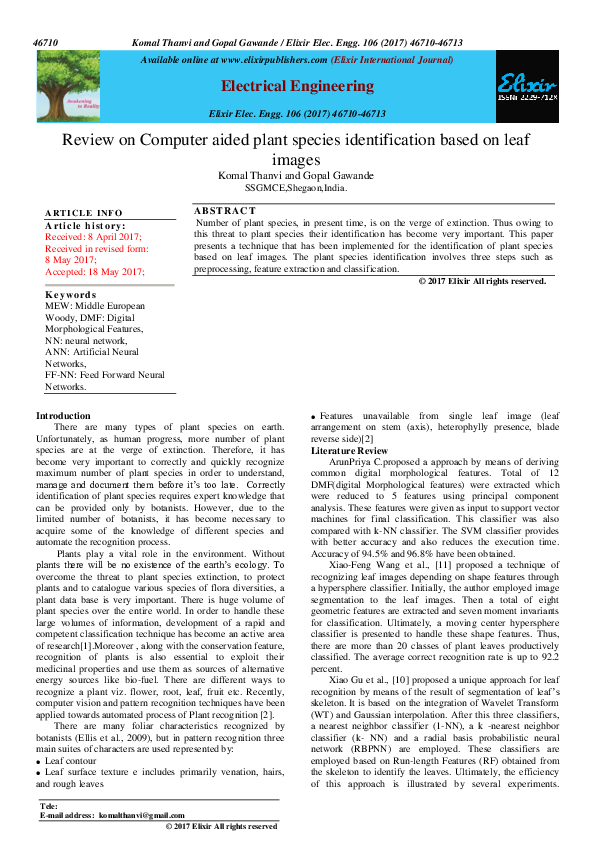 (PDF) Review on Computer aided plant species identification based on ...