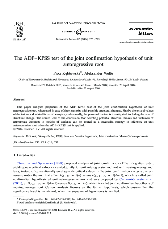 (PDF) The ADF–KPSS test of the joint confirmation hypothesis of unit ...