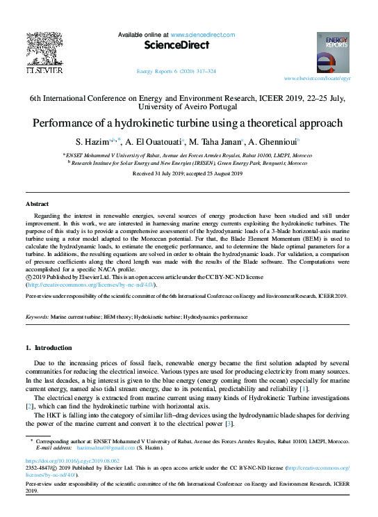 (PDF) Performance of a hydrokinetic turbine using a theoretical approach