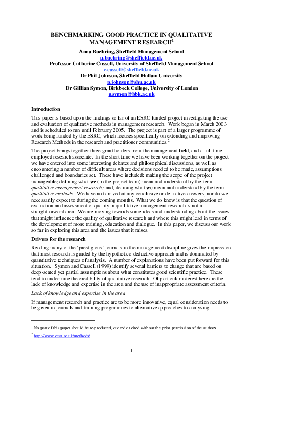 (PDF) Benchmarking Good Practice in Qualitative Management RESEARCH1