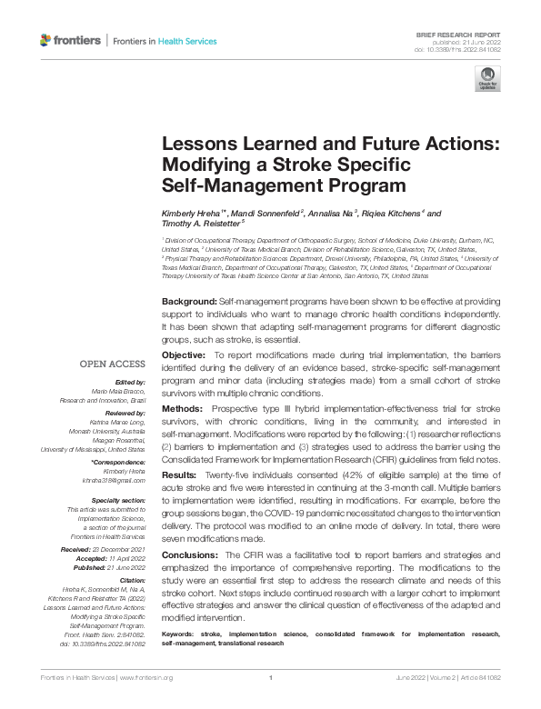 (PDF) Lessons Learned and Future Actions: Modifying a Stroke Specific Self-Management Program