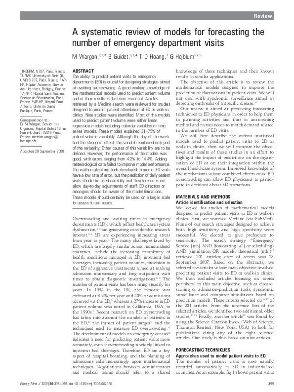 Pdf A Systematic Review Of Models For Forecasting The Number Of Emergency Department Visits