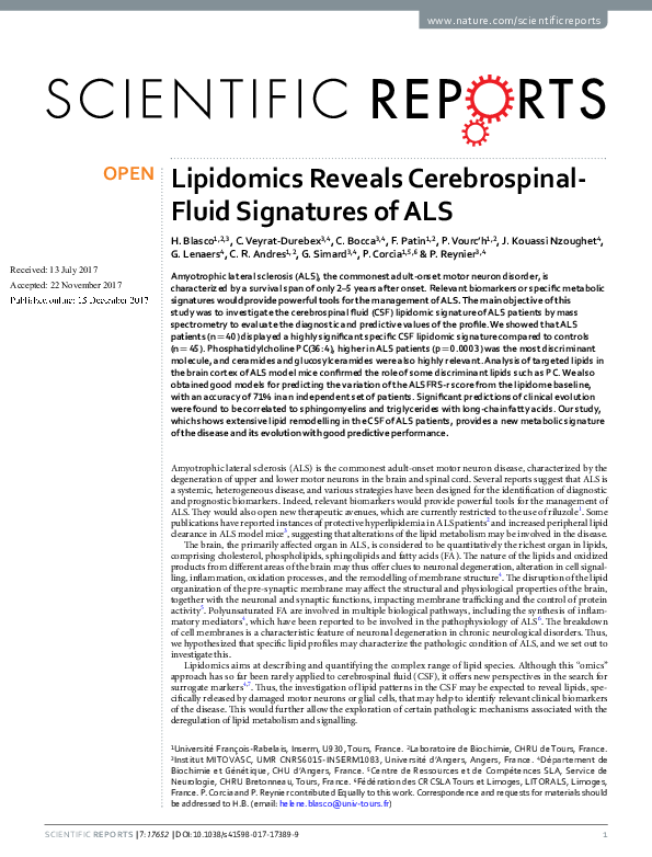(PDF) Lipidomics Reveals Cerebrospinal-Fluid Signatures of ALS