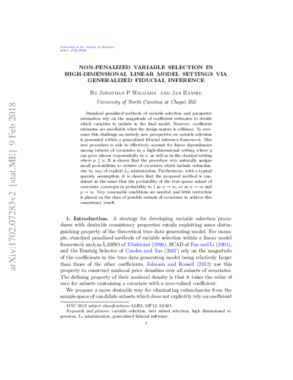 (PDF) Non-penalized variable selection in high-dimensional linear model settings via generalized ...