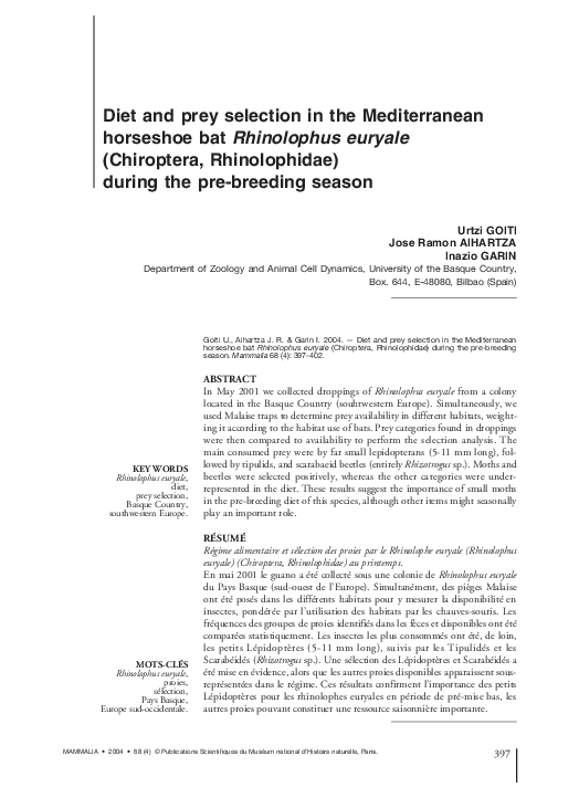 (PDF) Diet and prey selection in the Mediterranean horseshoe bat ...